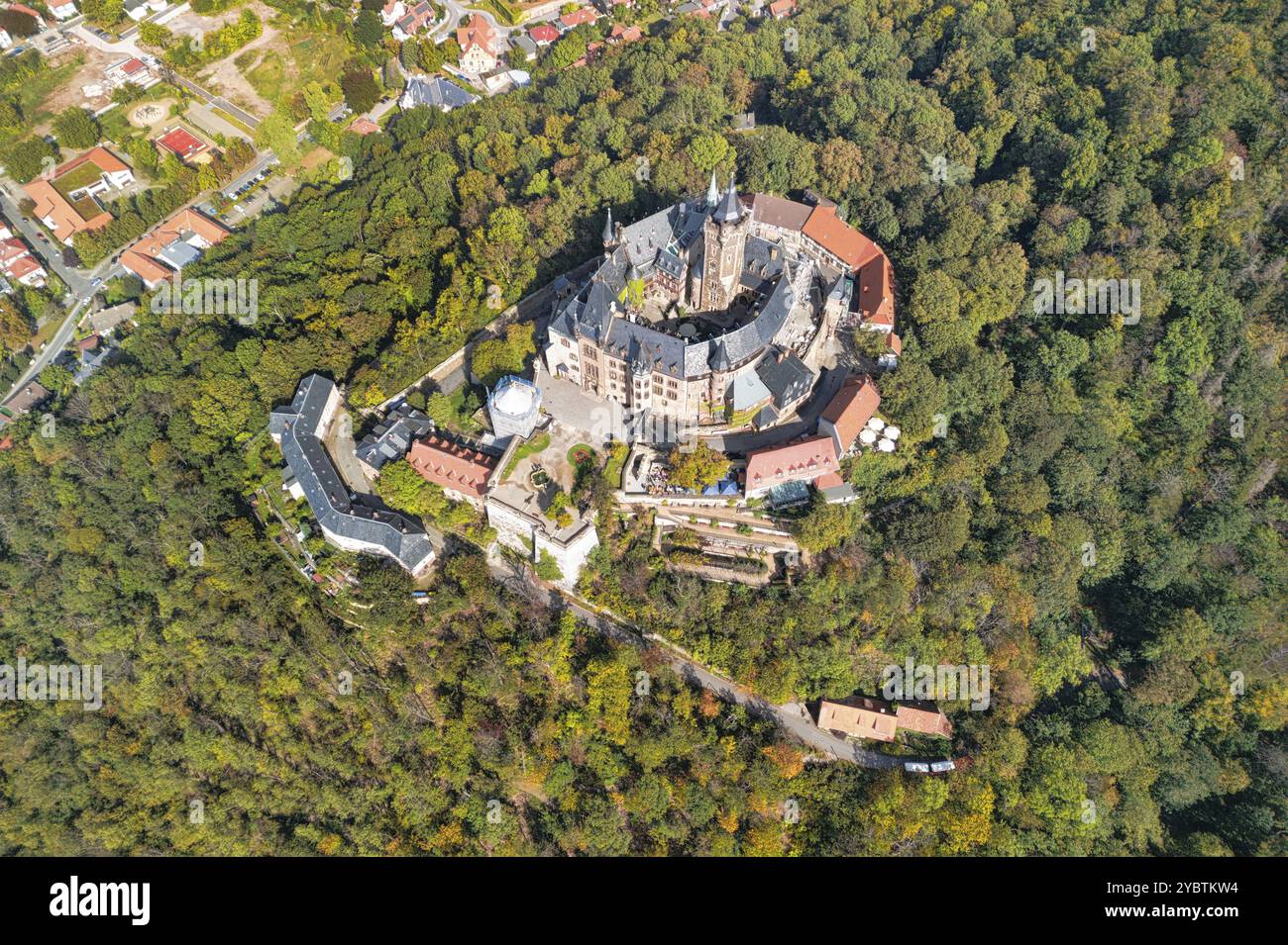 Aerial view of famous Castle Wernigerode, in beautiful golden evening ...