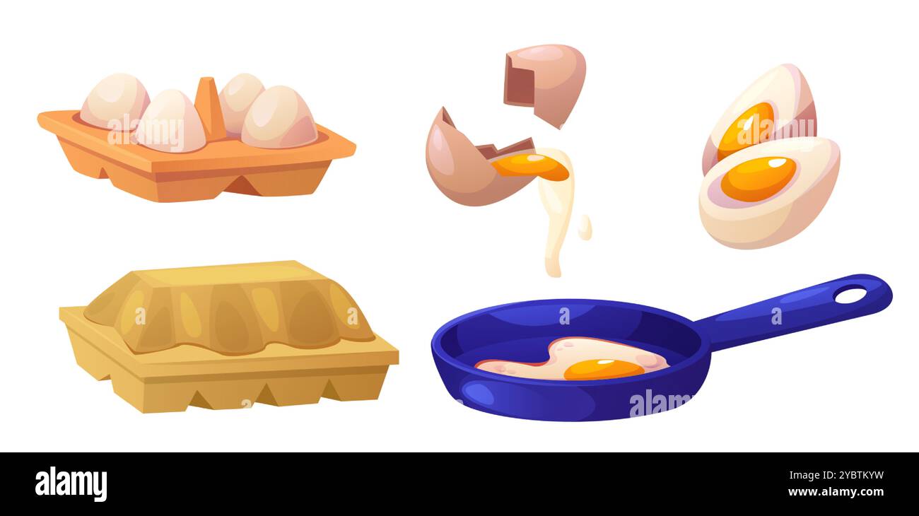 Chicken egg in carton box and plastic tray, halved boiled with yellow ...