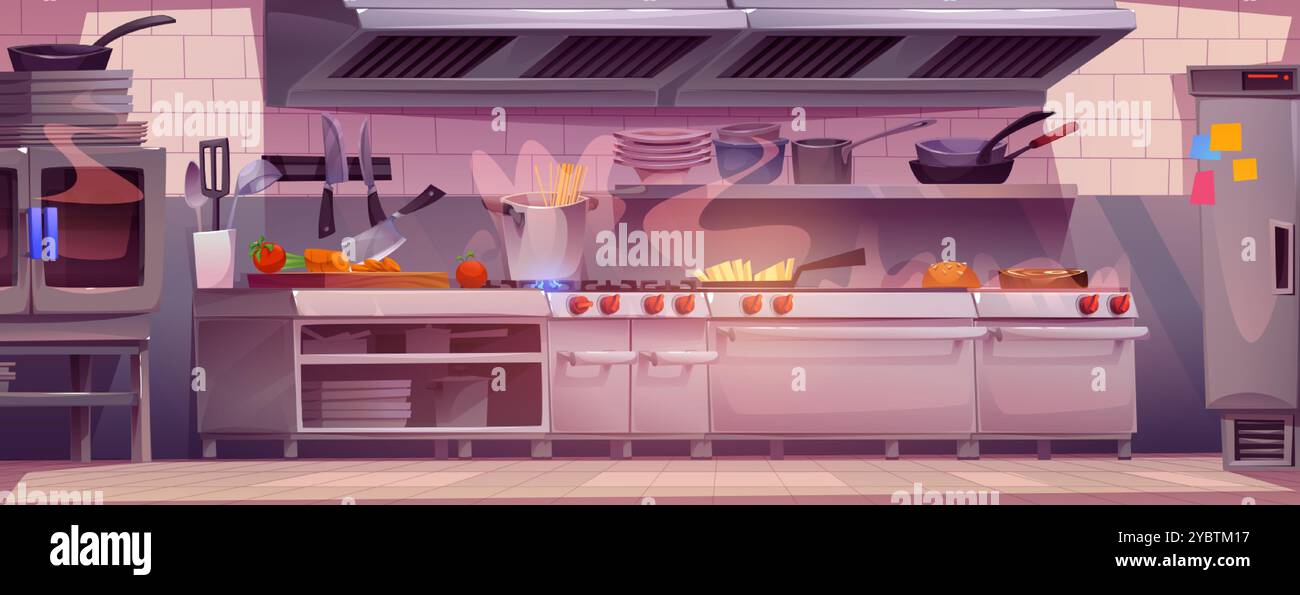 Commercial kitchen interior in restaurant for chef illustration ...