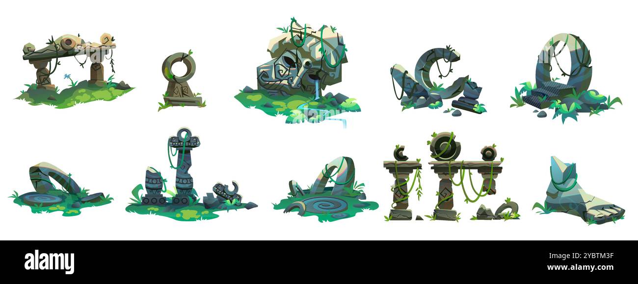 Ancient ruin of old lost civilization buildings and statues. Cartoon ...