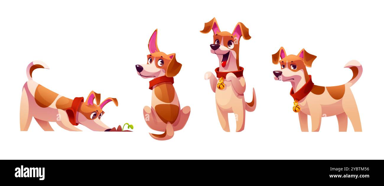 Cute funny little dog behavior. Cartoon brown puppy smelling grass in ...