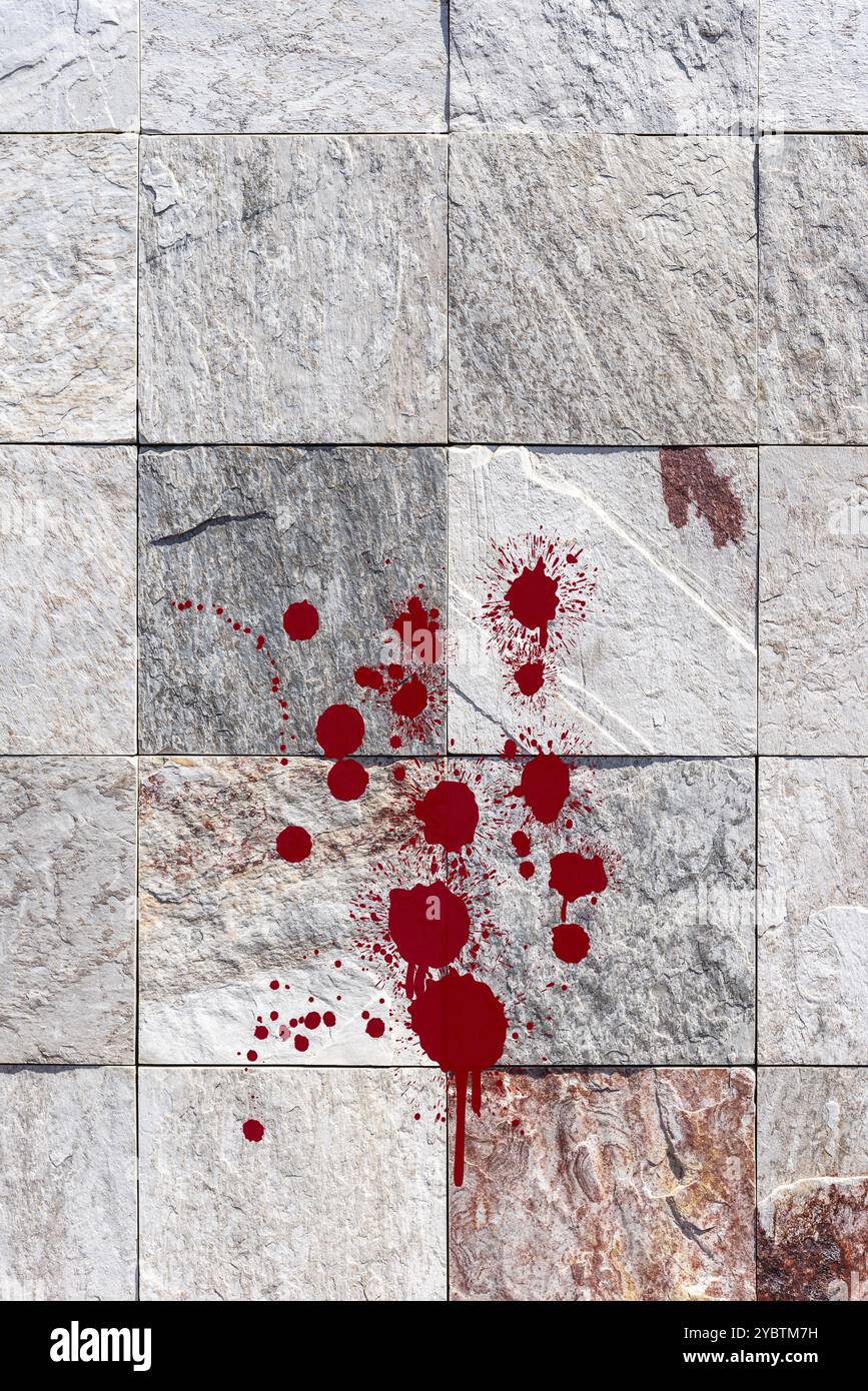 Red blood splatter on stone wall. Horror and crime background concept ...