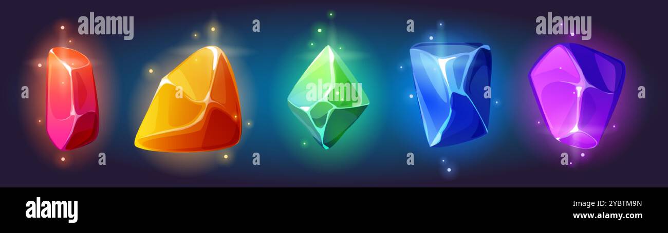 Gem stone crystals with magic neon glow effect. Cartoon vector ...