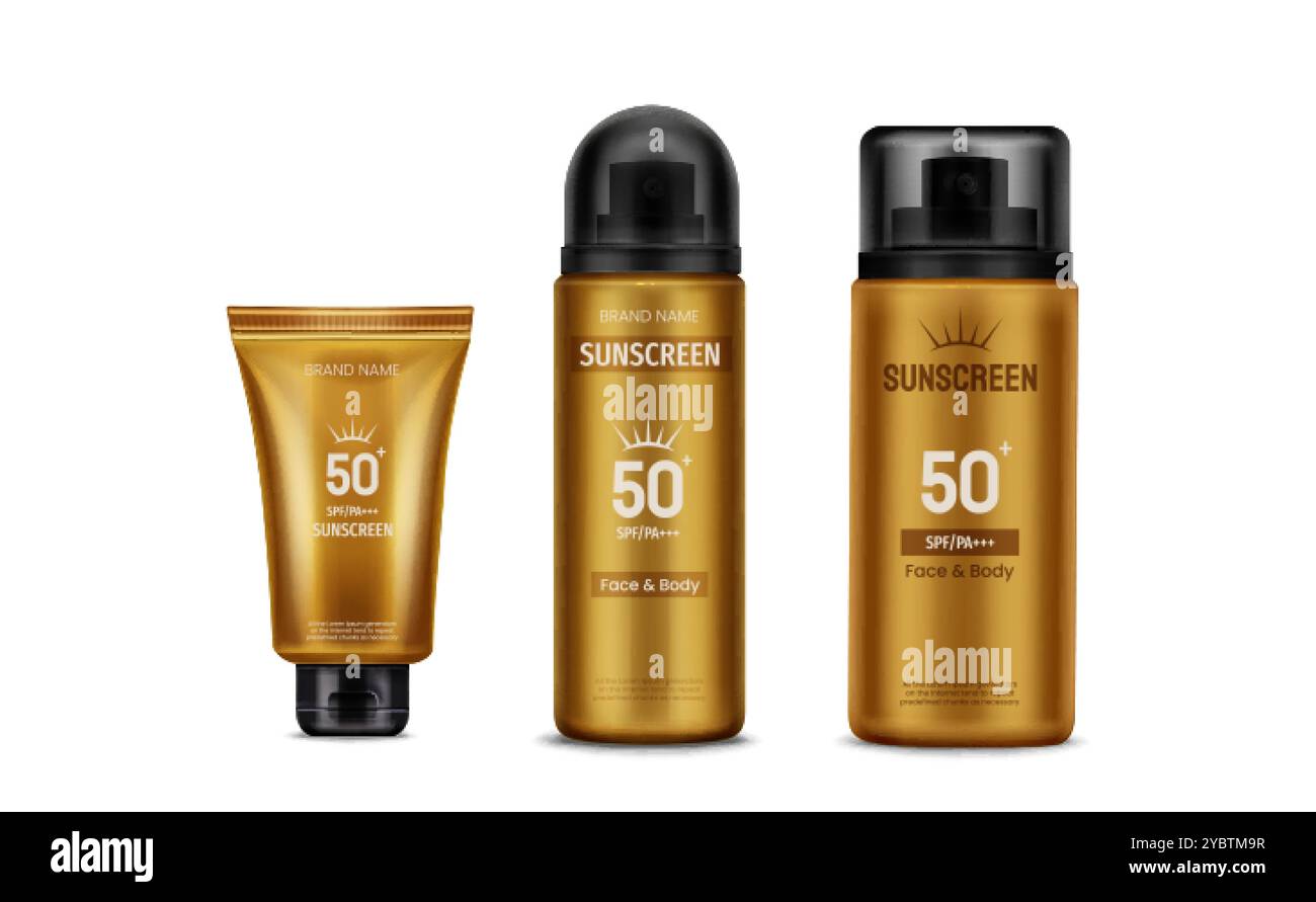 Sunscreen bottles set isolated on white background. Vector realistic ...