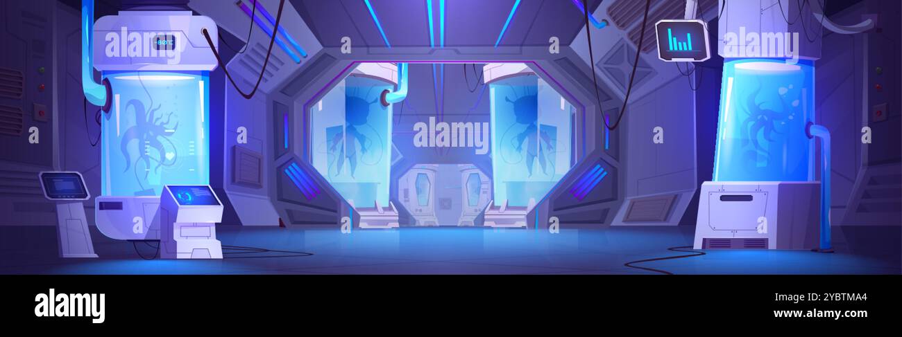 Futuristic science lab with space aliens in cryogenic capsules. Vector ...
