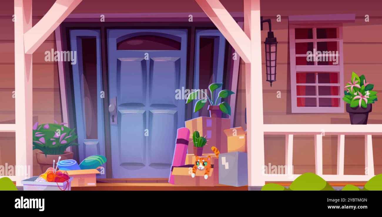 Home moving concept - stuff and cat in cardboard boxes on hut porch ...