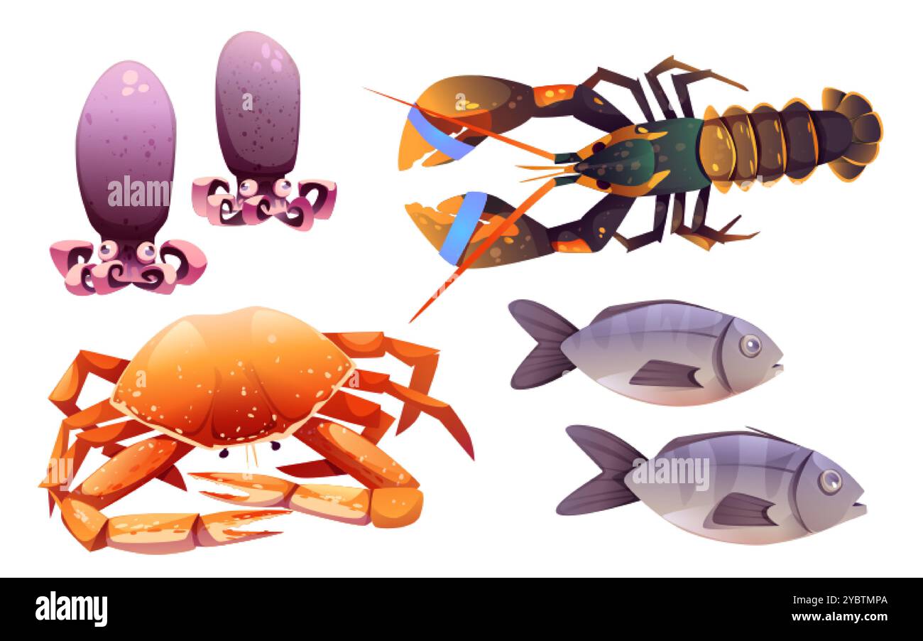 Seafood cartoon collection - cute marine animals for restaurant or ...