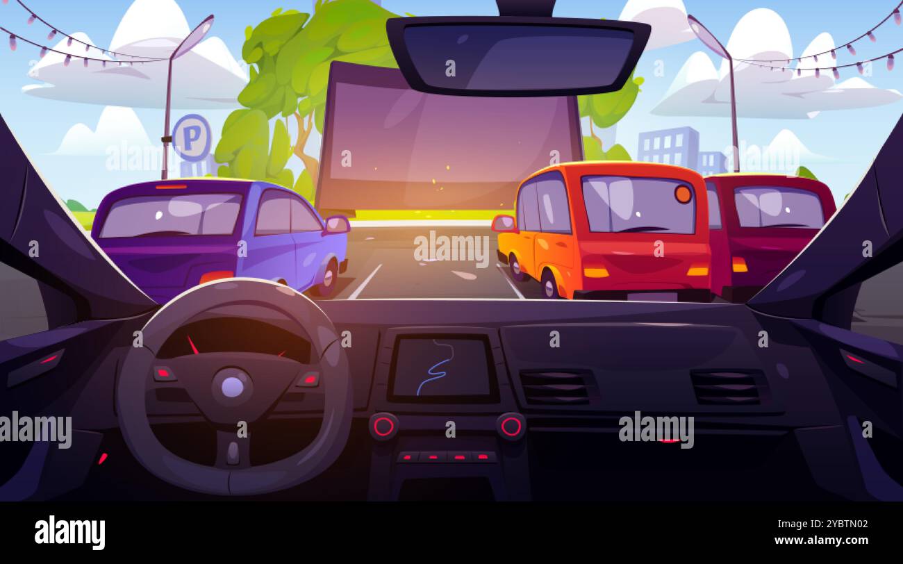 Outdoor drive cinema view from car cabin. Vector cartoon illustration ...