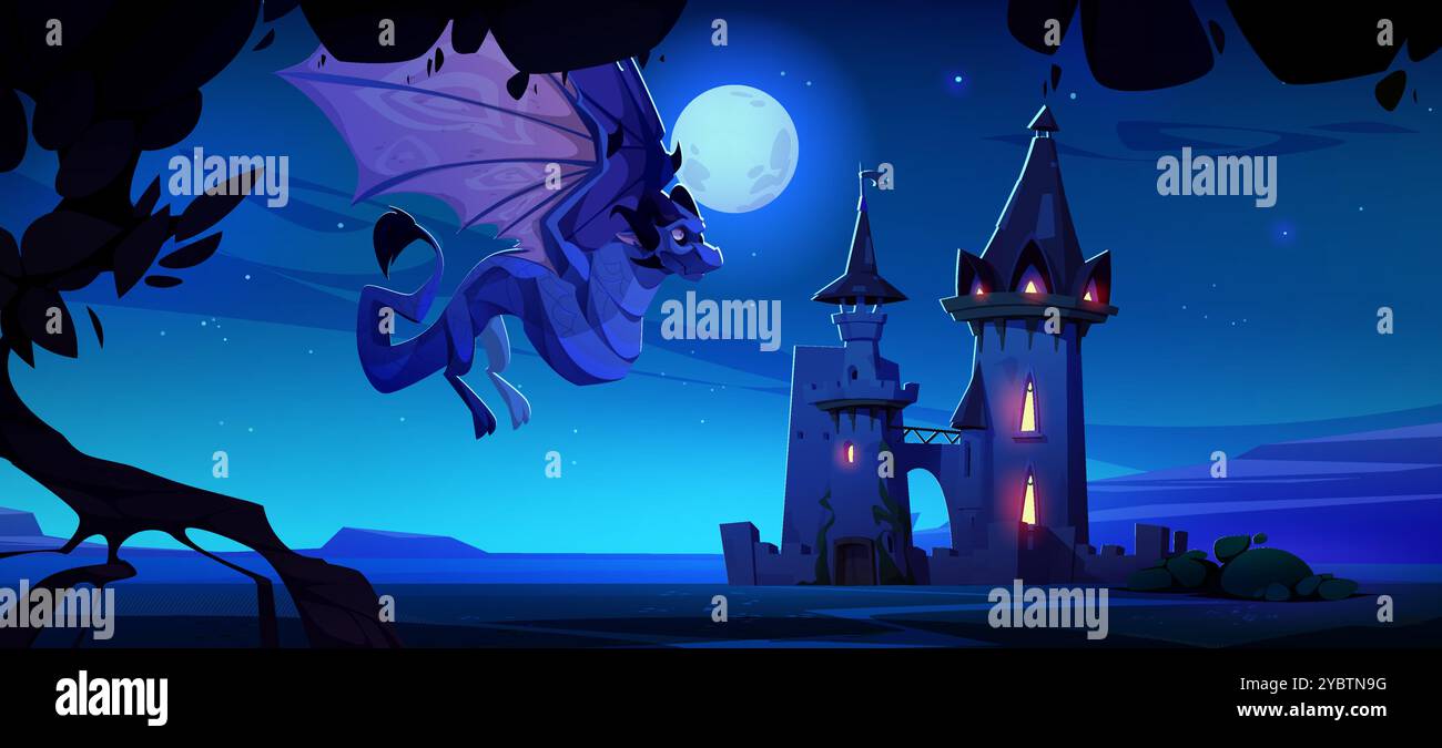 Spooky fantasy dragon flying near castle at night. Cartoon vector ...