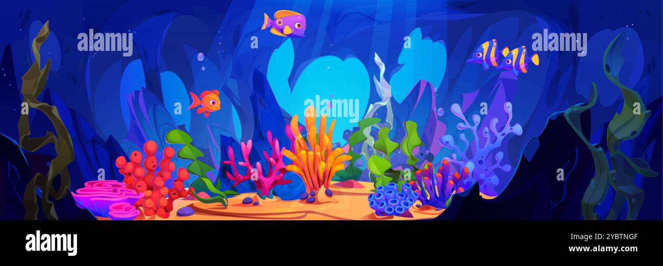 Underwater world with fish and seaweed. Vector cartoon illustration of ...