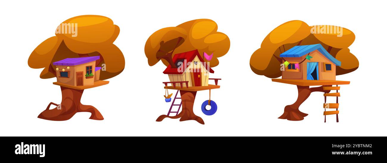 Autumn treehouses set isolated on white background. Vector cartoon ...