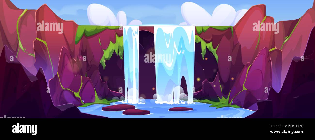 Tropical waterfall landscape. Vector cartoon illustration of beautiful ...