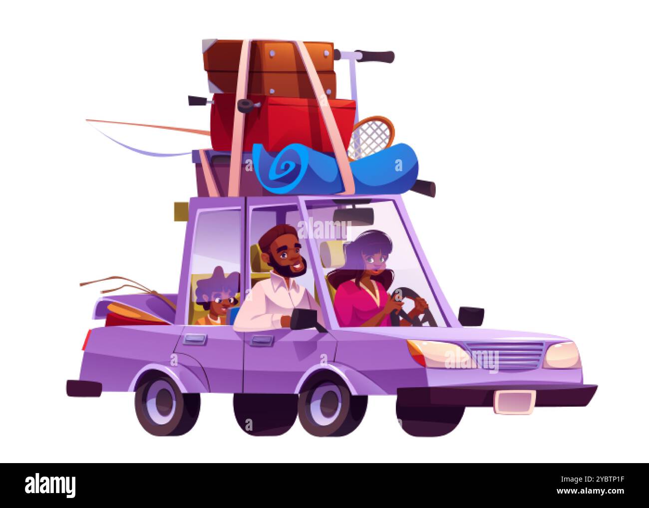 Family on summer travel vacation. Fun car trip cartoon with happy man ...