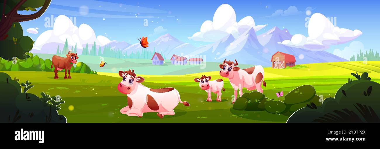 Cows grazing in summer mountain meadow. Vector cartoon illustration of ...