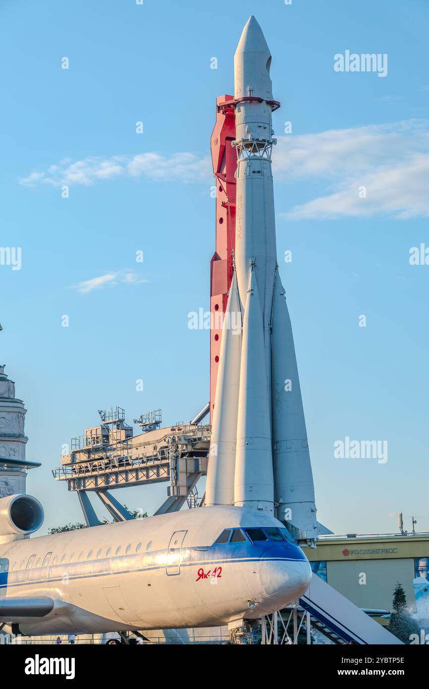 Moscow, Russia - July 30, 2023: The copy of the Vostok rocket on which ...