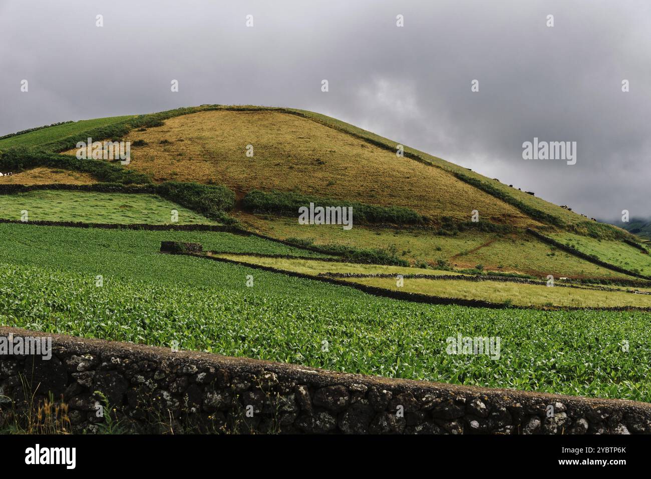 Ancient volcano surrounded by farmland parceled for agriculture in ...