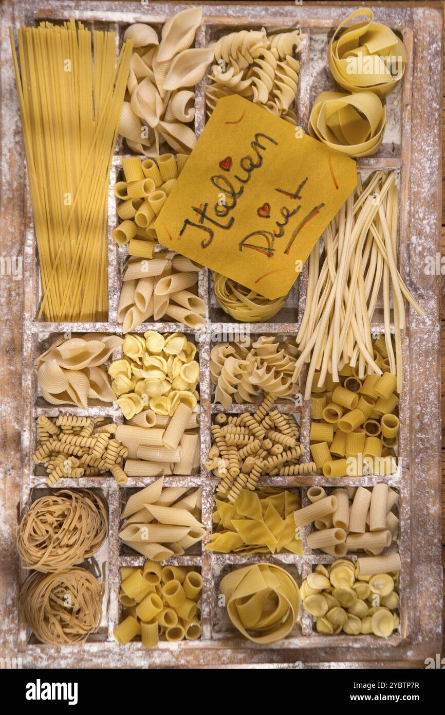 Presentation of varieties of Italian pasta made with white flour Stock ...
