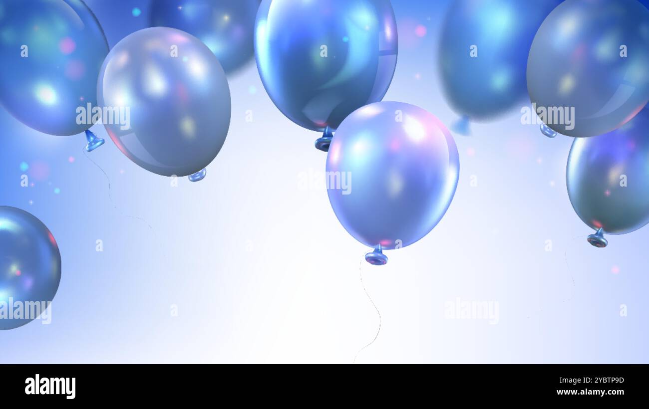 Birthday congratulation banner with helium flying blue and purple ...