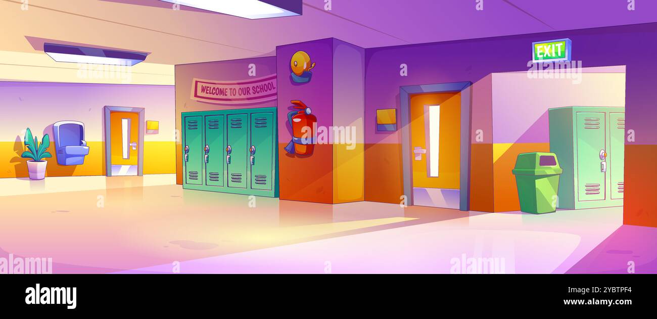 Empty school corridor with lockers and classroom doors, welcome banner ...
