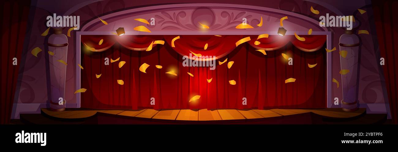 Empty theatre stage with closed red curtain and golden flying confetti ...