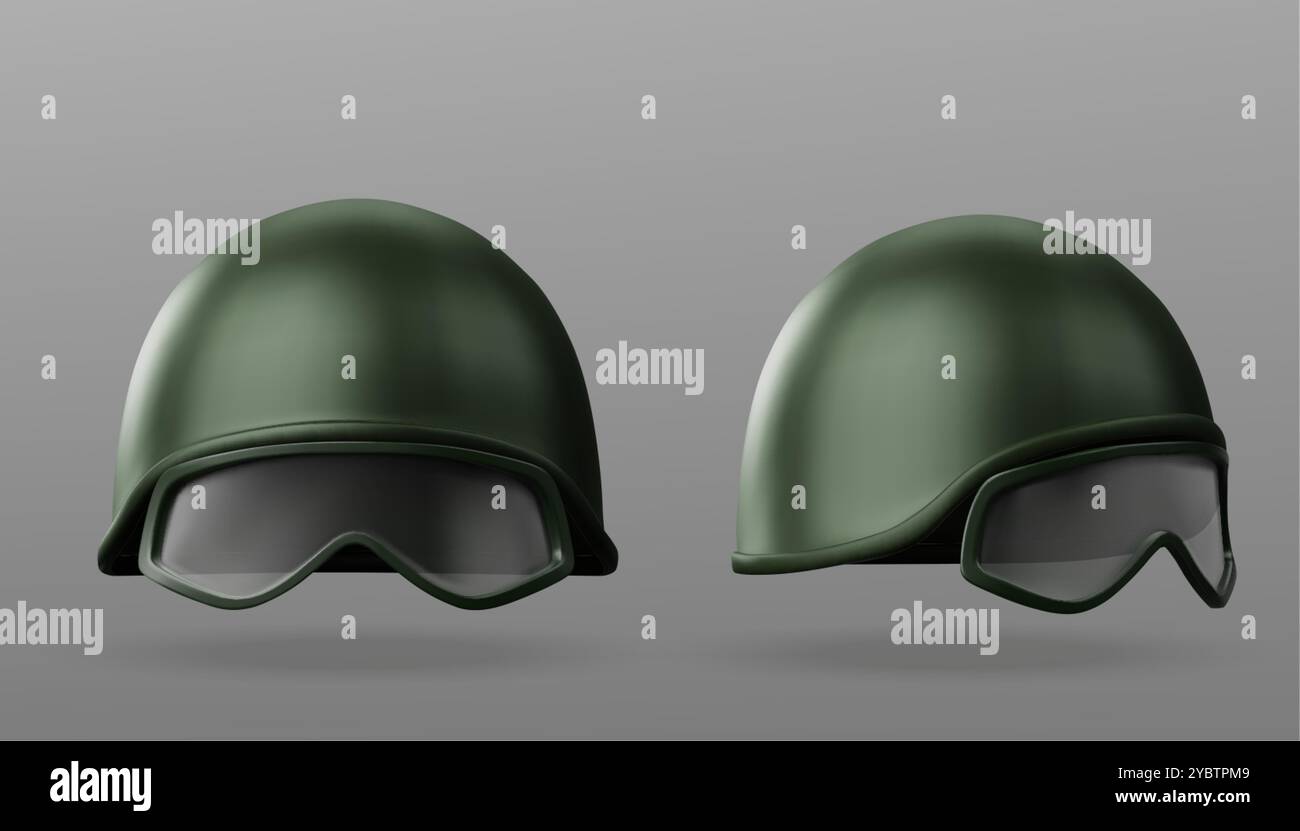 Realistic military green khaki color helmet with tactical glasses. 3d ...