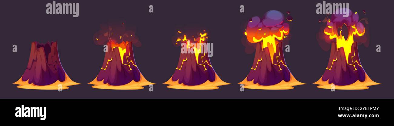 Animation stages of volcano erupt and explode with flowing lava and ...