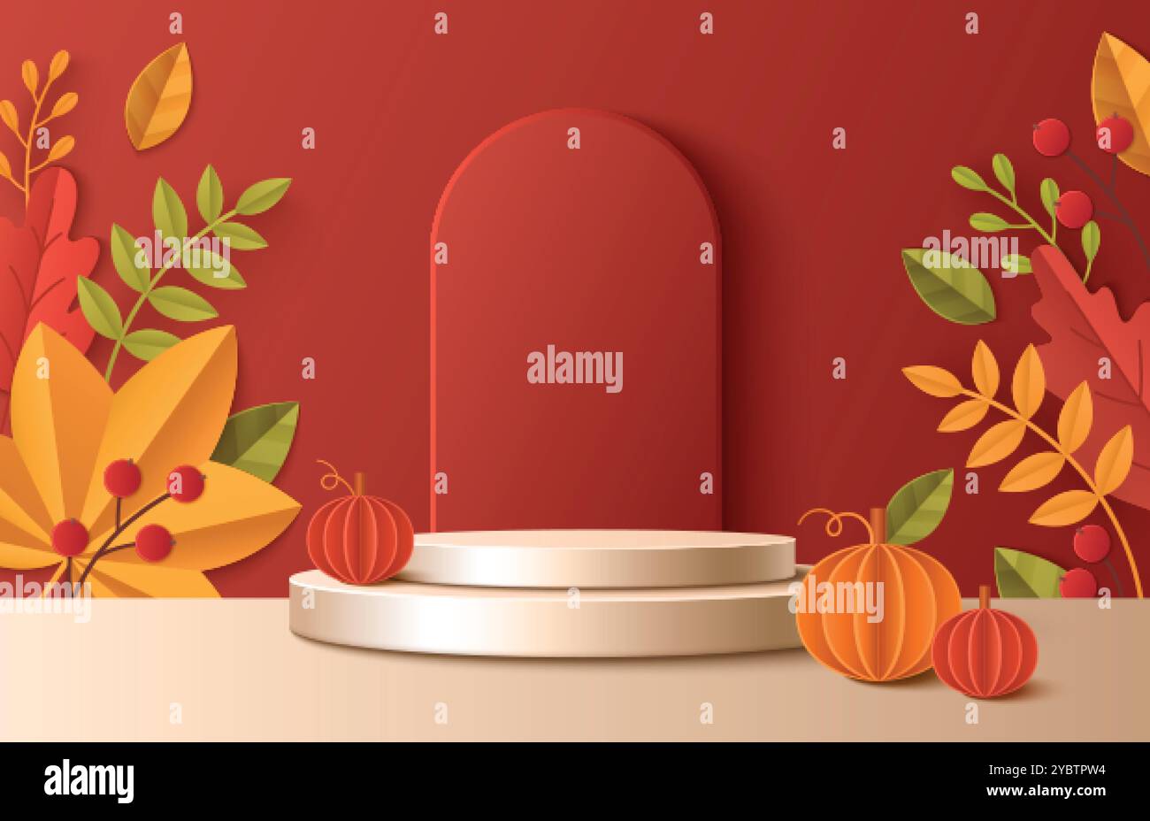Product podium with papercut autumn decorative elements and arch in ...