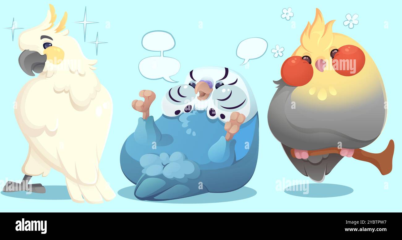 Cute parrot cartoon character. Vector illustration set of bright ...