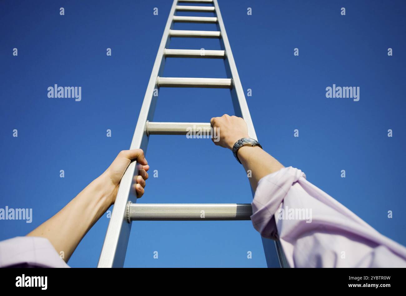 Personal perspective of a businessman climbing a ladder themes of point ...