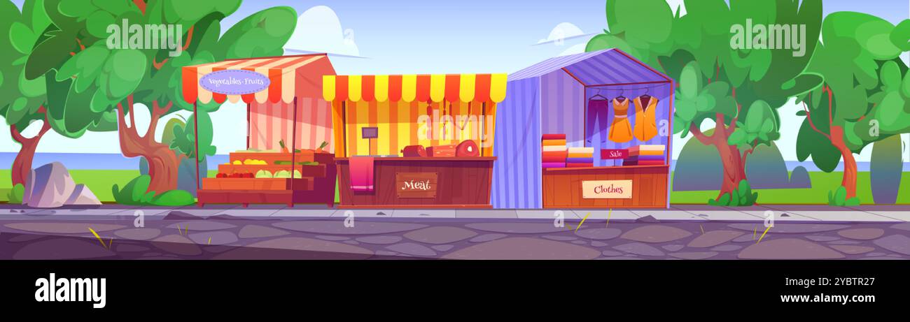 Street market stalls in green summer park. Vector cartoon illustration ...