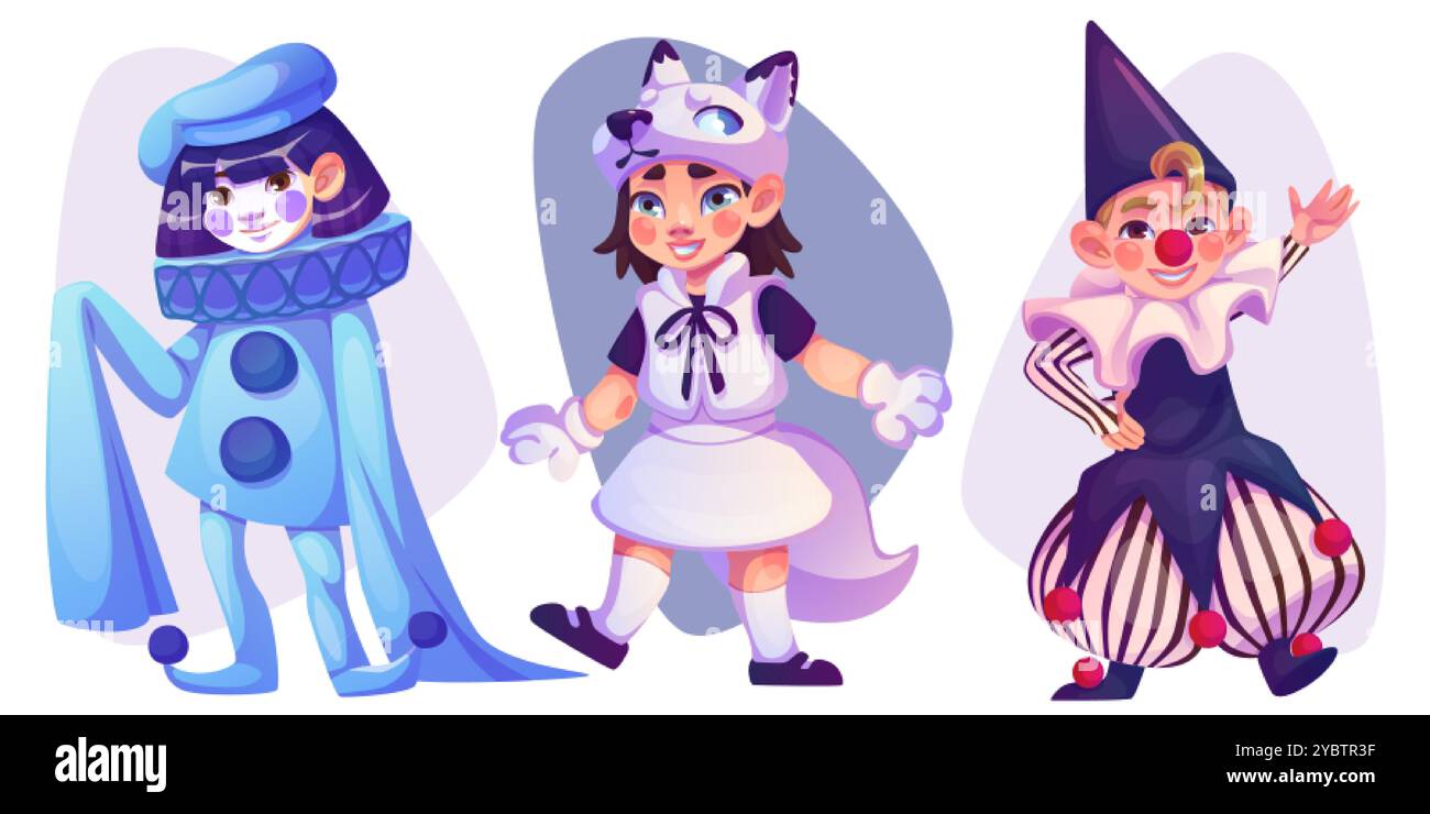 Happy smiling and dancing little kids in carnival costumes. Cartoon ...