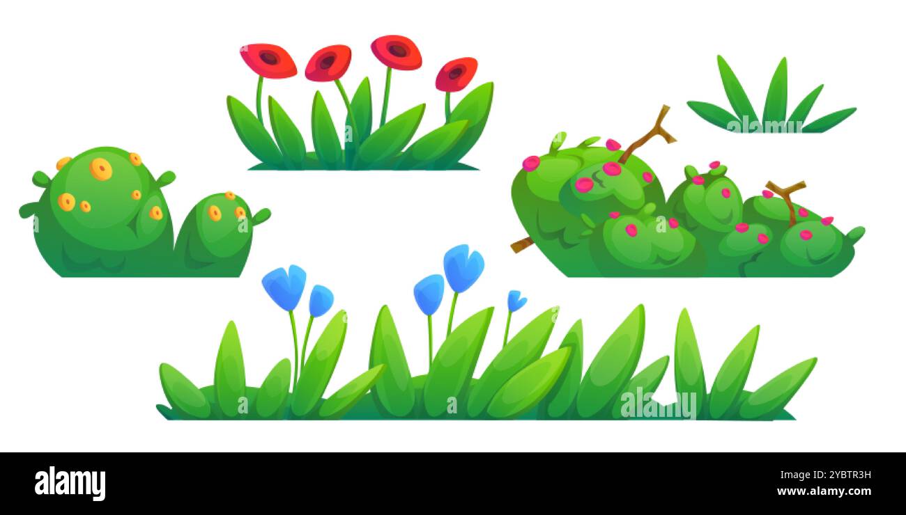 Green grass borders set isolated on white background. Vector cartoon ...
