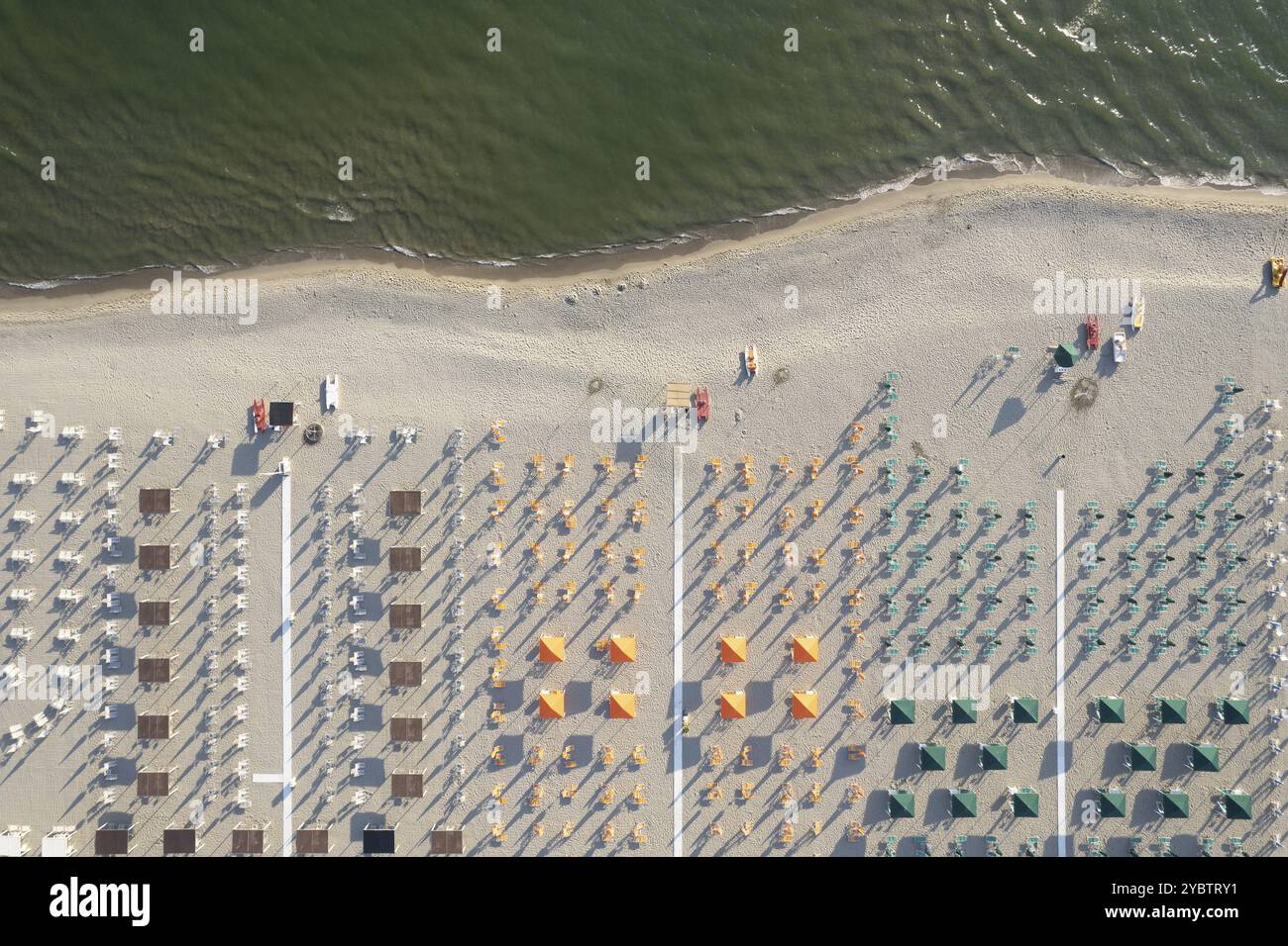 Aerial view of the Tuscan Versilia beach photographed from above in the ...