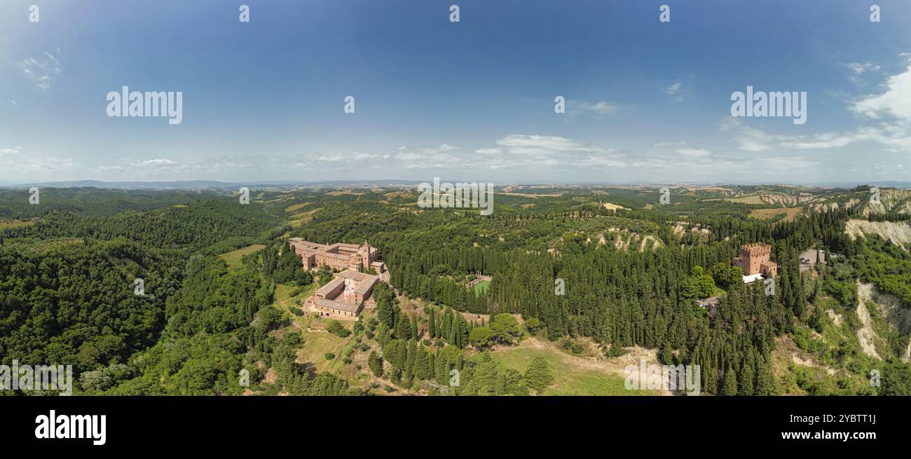 Aerial view of the Abbey of Monte Oliveto Maggiore, a large Benedictine ...