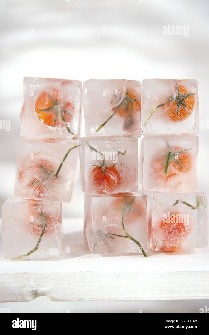 Presentation of ice cubes inside with grains of tomato Pachino Stock ...