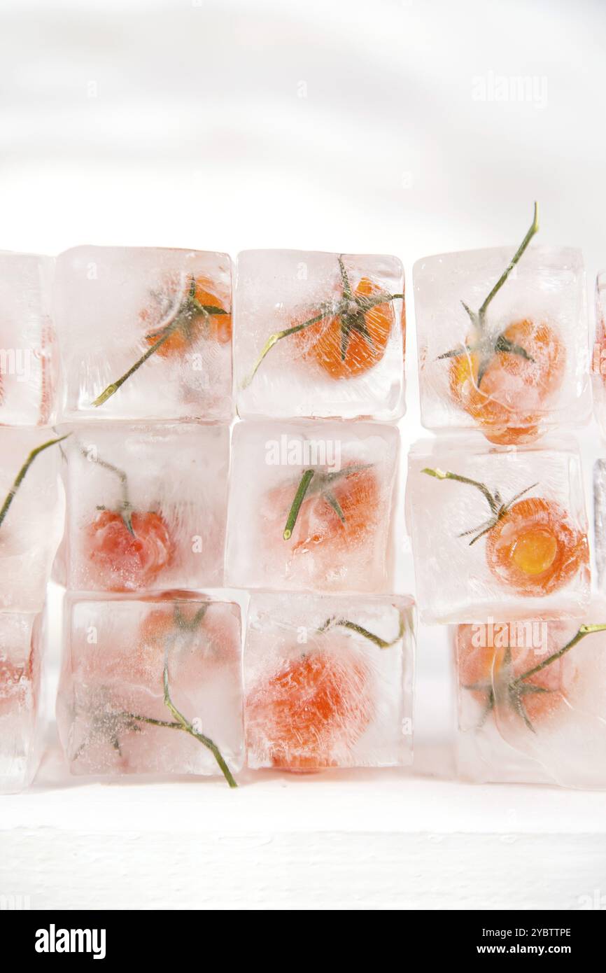 Presentation of ice cubes inside with grains of tomato Pachino Stock ...