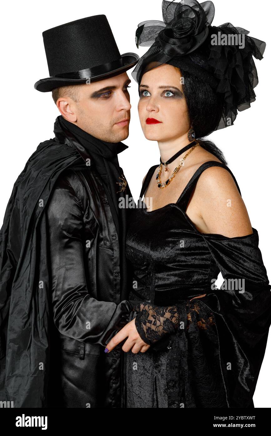 Portrait of a sweet couple dressed in old fashioned vampire style ...