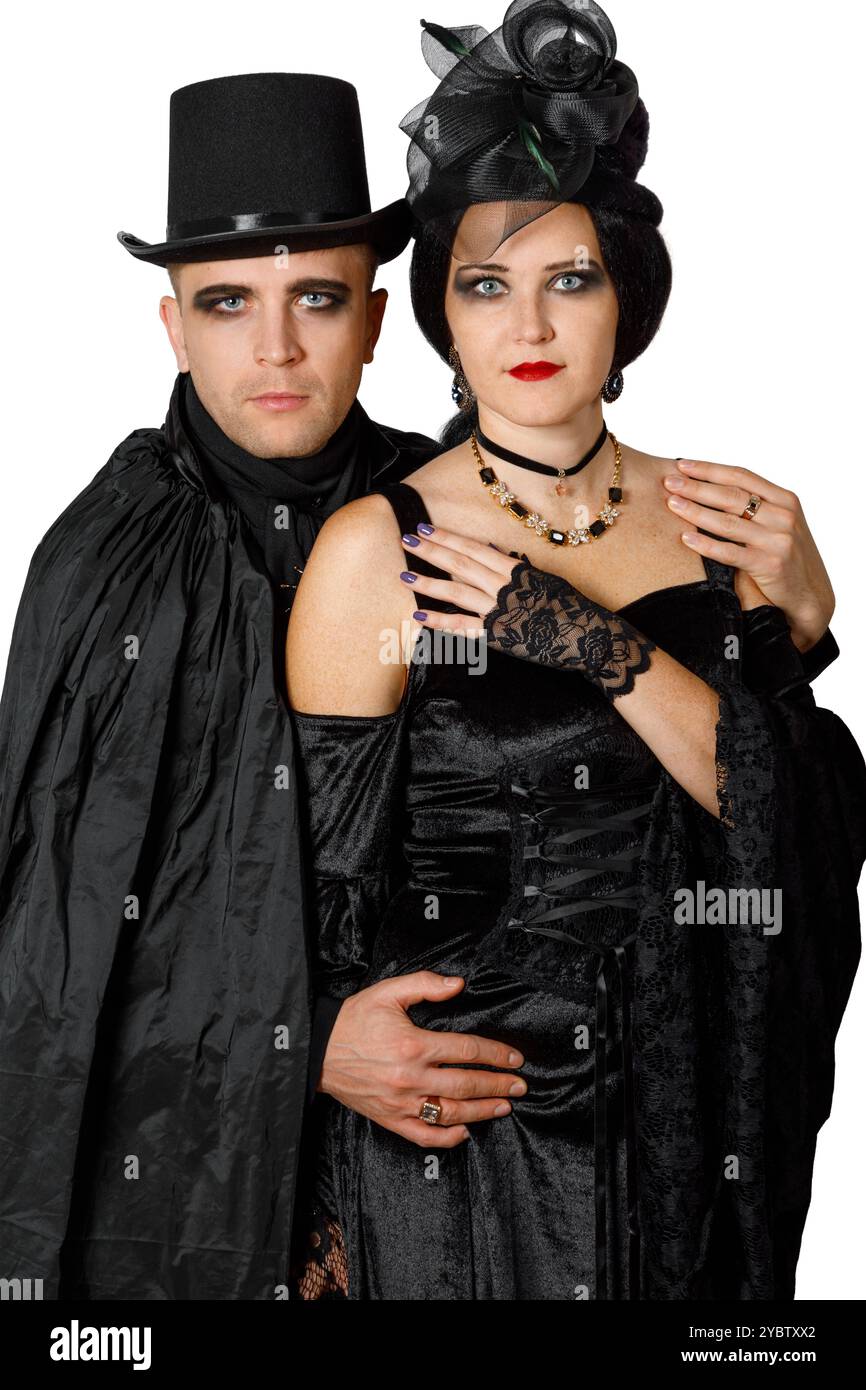 Portrait of nice couple dressed in vampire style clothes isolated on ...