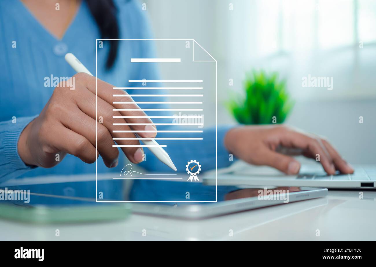 Businesswoman use electronic pen sign signature on electronic E-signing ...