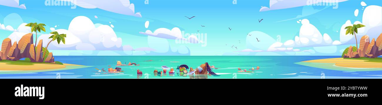 Sea and ocean pollution concept - garbage floating on water surface ...