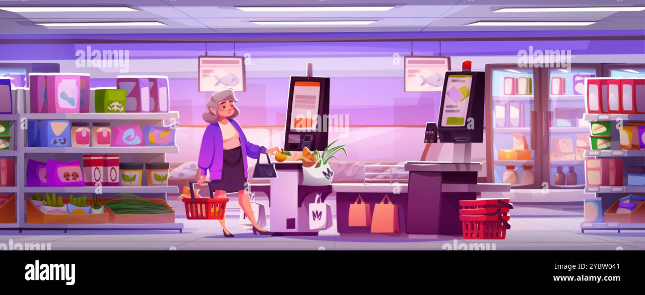 Woman customer with grocery in shopping basket in supermarket counter ...