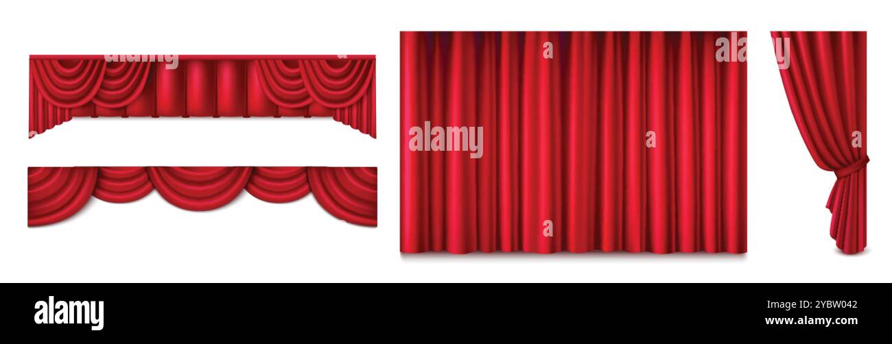 Red theater stage curtain closed and open, long and short top border ...