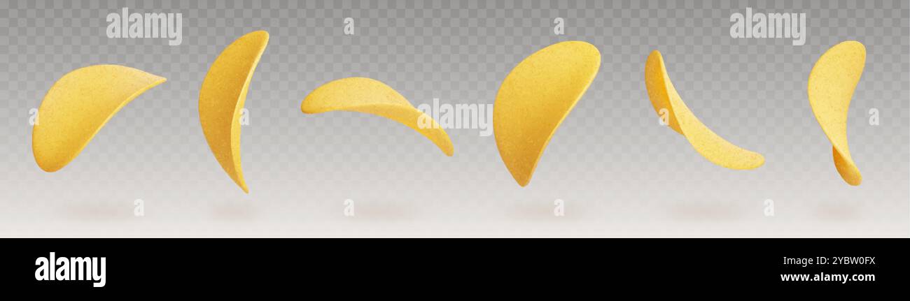 Flying potato chip 3d realistic set isolated on transparent background ...