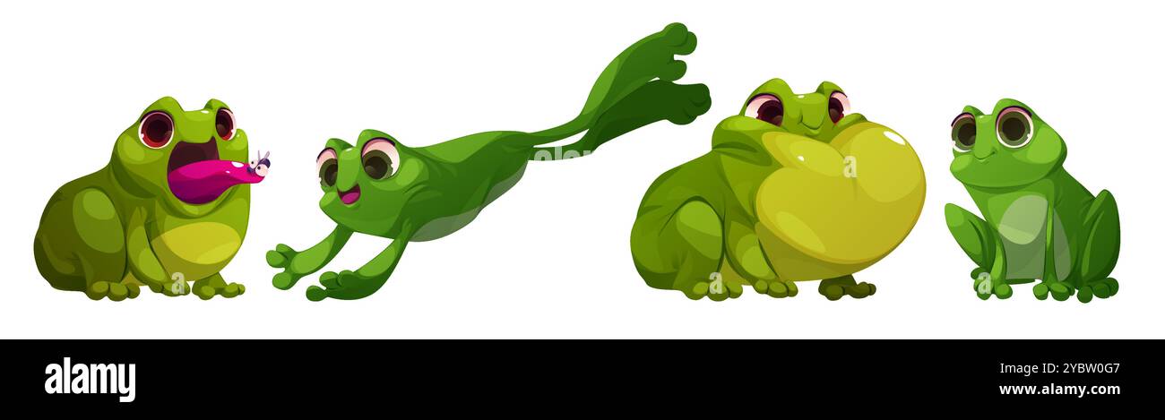 Cute green frog cartoon character in different poses. Vector ...