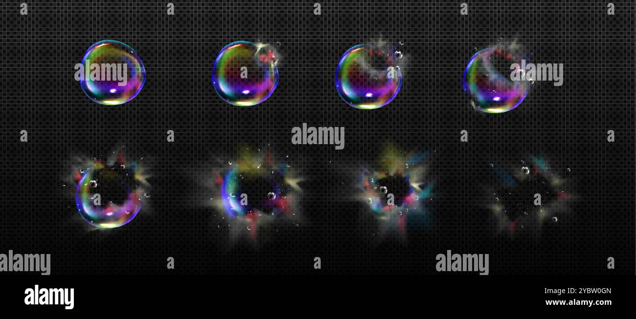 Iridescent soap bubble burst and disappear sequence steps for animation ...