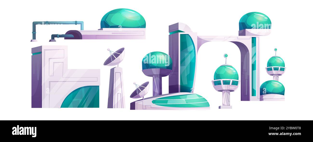 Outer space alien planet station or colony buildings. Cartoon vector ...