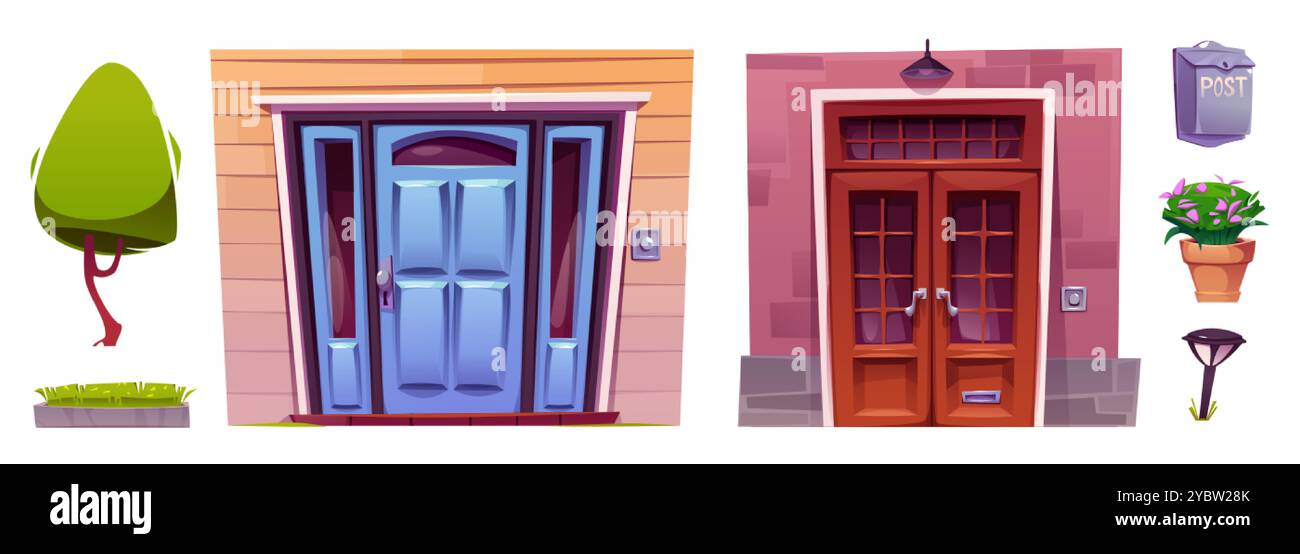 House front door and outside porch cartoon vector. Brick home entrance ...