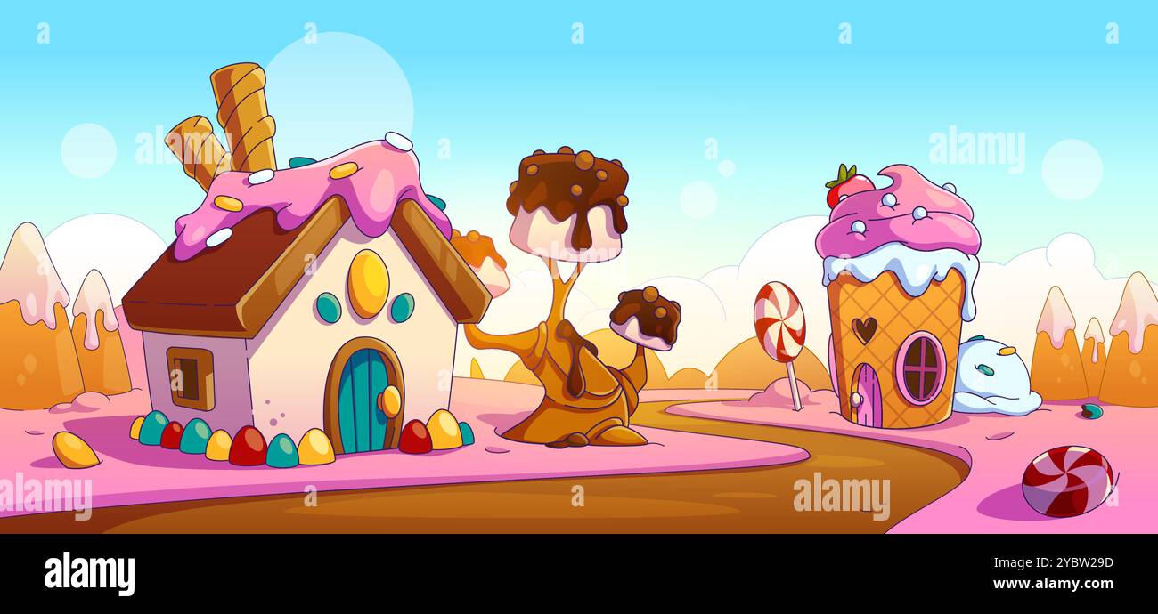 Fantasy candy land with road near houses and trees made from cake and ...