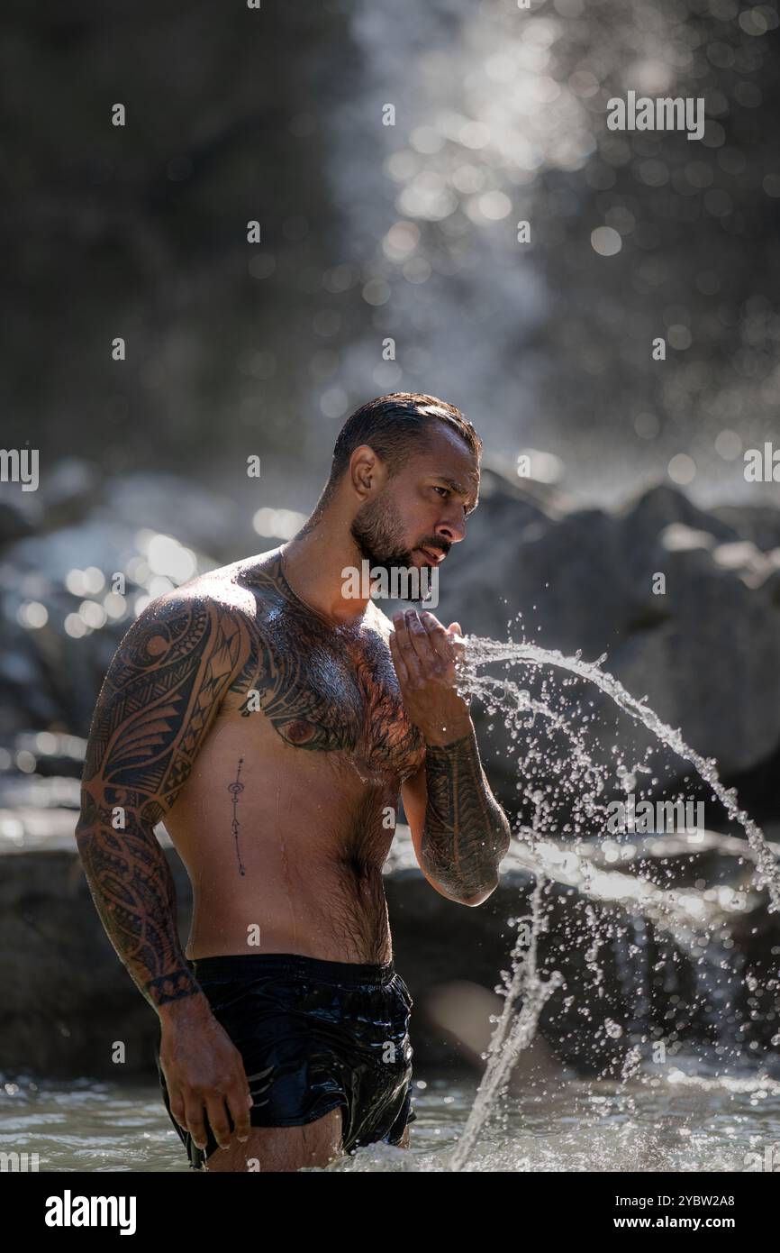 Man awake in morning. American man beauty face. Morning wellness. Good ...