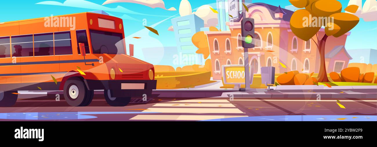 Yellow bus on road near school building. Vector cartoon illustration of ...